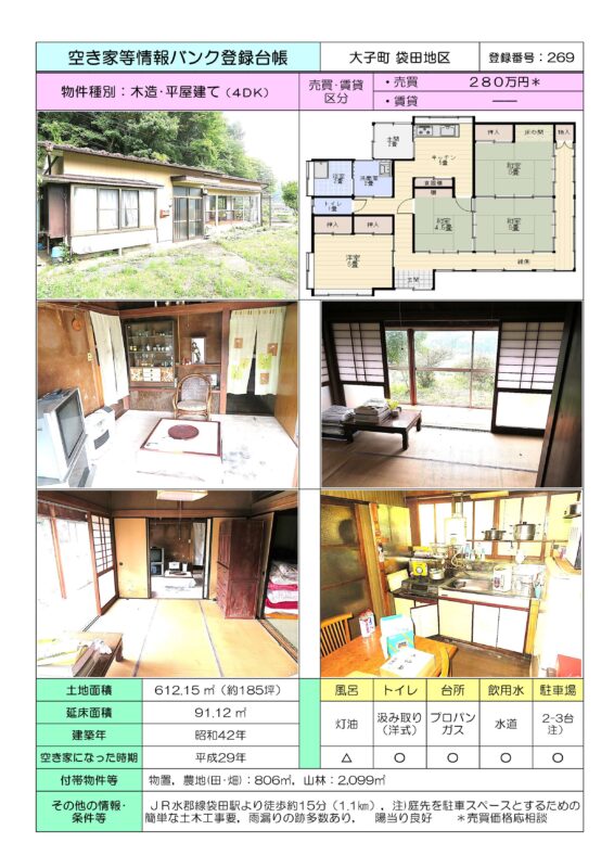 空き家バンク【売買】280万円（応相談）茨城県久慈郡大子町袋田 田畑・山林・物置・駐車場2～3台付き4DK平屋古民家 回り縁・続き間有 - Sumai空き家